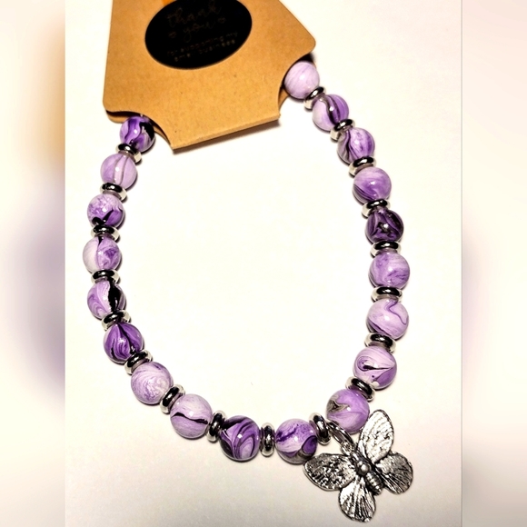 Jewelry | Purple And Black Marble Beaded Bracelet With Butterfly Charm ...